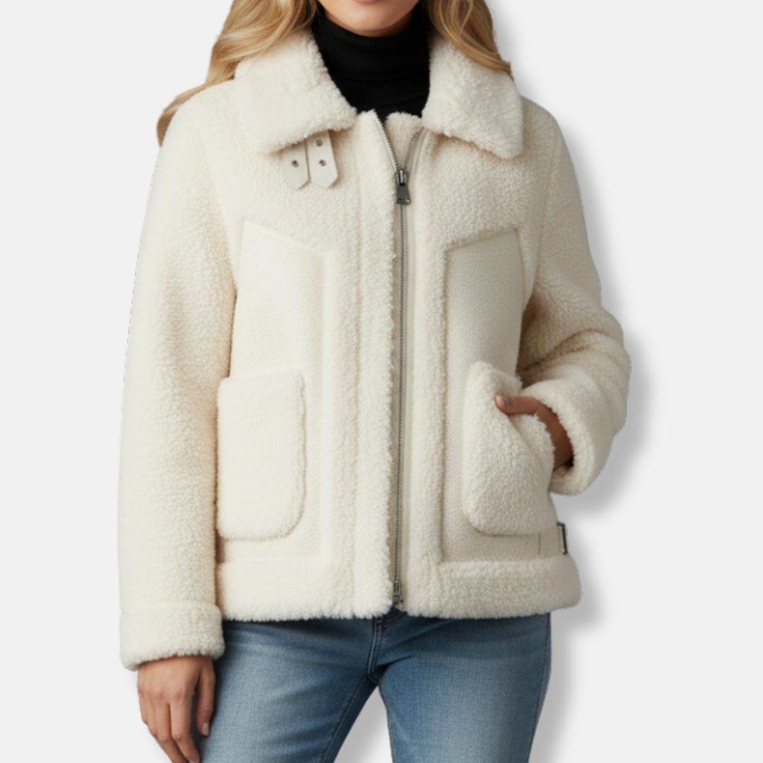 Relaxed Fit Collared Shearling Jacket for Women – Cozy Stylish Comfort ...
